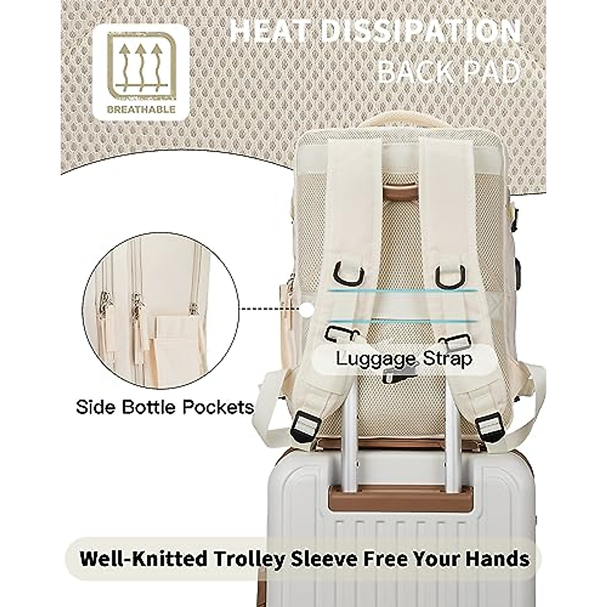 Telena Travel Backpack for Women Large Carry On Backpack Airline Approved Personal Item Backpack with USB Charging Port Waterproof Casual Bag, Beige