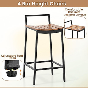 HAPPYGRILL 5 Pieces Wood Patio Bar Set, Outdoor Bar Table Chairs Set with Metal Frame & Footrest, Acacia Wood Patio Furniture for Porch Poolside Backyard