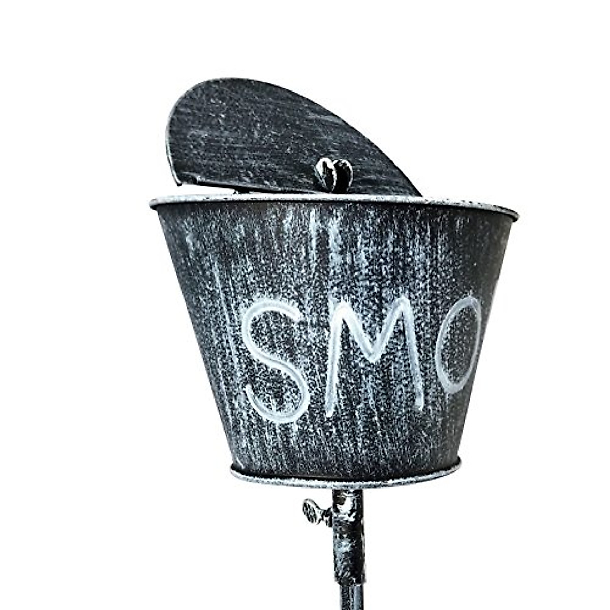 Outdoor Smoke Ashtray, Lidded Bucket on Stake with Prong Post, Garden Party Style, Gray Lacquered Iron, Rustic and Weathered Patina, 6 D x 43 1/4 H Inches