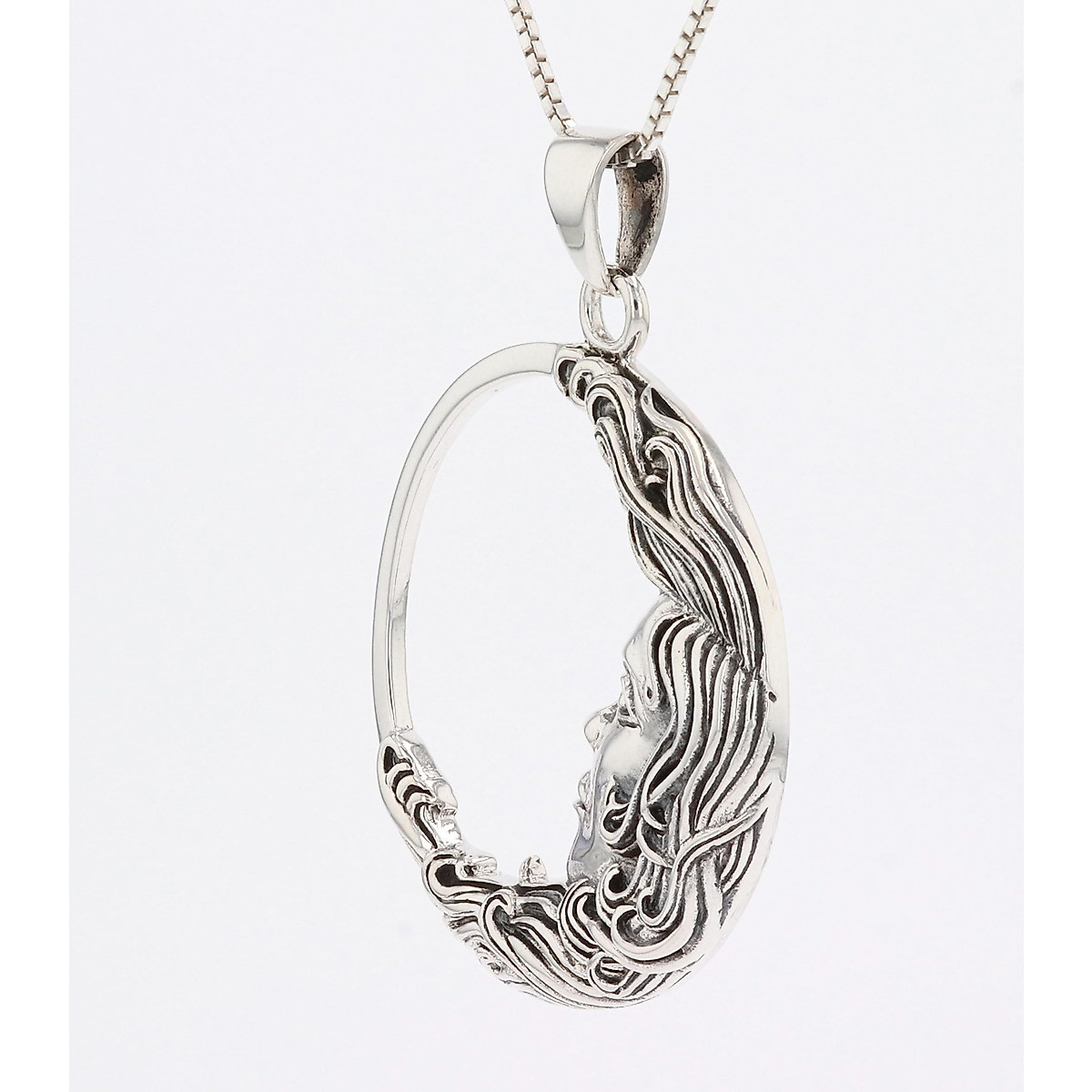 Jewelry Trends Sterling Silver Large Crescent Moon Goddess Face Pendant Necklace 18"