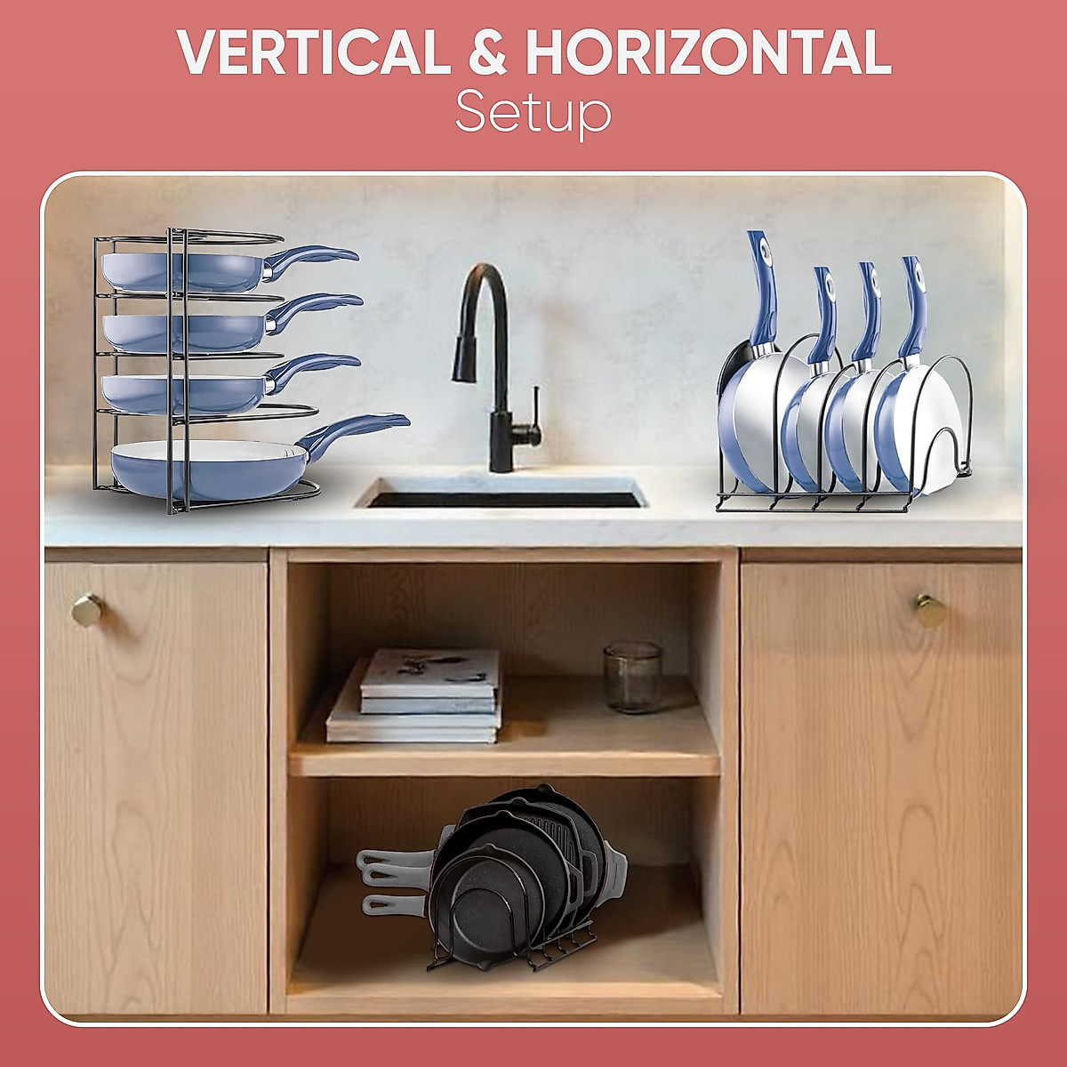 Extreme Matters Heavy Duty Pot and Pan Organizer Holder - Holds Cast Iron Skillets, Pots, Frying Pan, Lids - Durable Steel Construction Griddles and Shallow Pots - Space Saving Kitchen Storage - Black