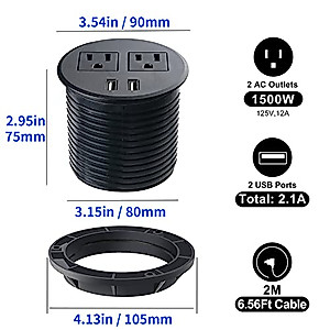 Desk Power Grommet with USB Ports Desktop Outlet Recessed Power Bar for Countertop Sofa Cabinet Conference (Black)