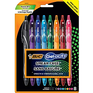 BIC Gel-ocity Quick Dry (Dries Up To 3x Faster) SUPER BRIGHT COLORS 8 Pack, Smear Free, Assorted Colors Retractable Gel Pens, Medium Point (0.7mm), Colorful Pens for adults Women & Men.
