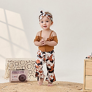 Lefyira Cow Print Bell Bottoms Baby Girl Off Shoulder Short Sleeve Romper Rib Knit Button Bodysuit Flare Pants Headband Outfit (Brown, 0-6 Months)