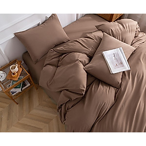 TazmKezm Mocha Duvet Cover 100% Washed Cotton Duvet Cover Set, 3 PCs Breathable Soft Bedding Set Linen Textured. Solid Color Pattern Duvet Cover Full Size (80x90 Inch)
