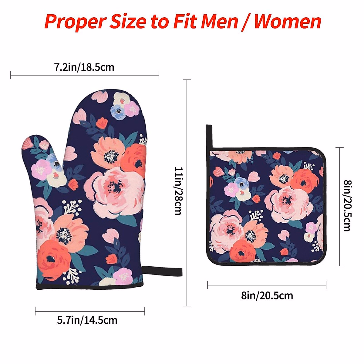 KLATIE Flower Oven Mitts and Pot Holders Sets of 4, Heat Resistant Oven Mits Potholders, Oven Mit for Kitchen, Cooking, Baking, Grilling, Dark Blue