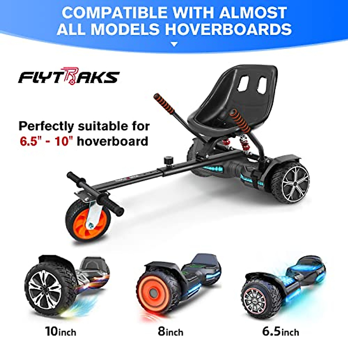 FLYTRAKS K2 Hoverboard Go Kart with Rear Shock Absorption, Hoverboard Seat Attachment Accessory for 6.5" 8" 10" Hover Board, Adjustable Frame Length & Off-Road Rubber Wheel