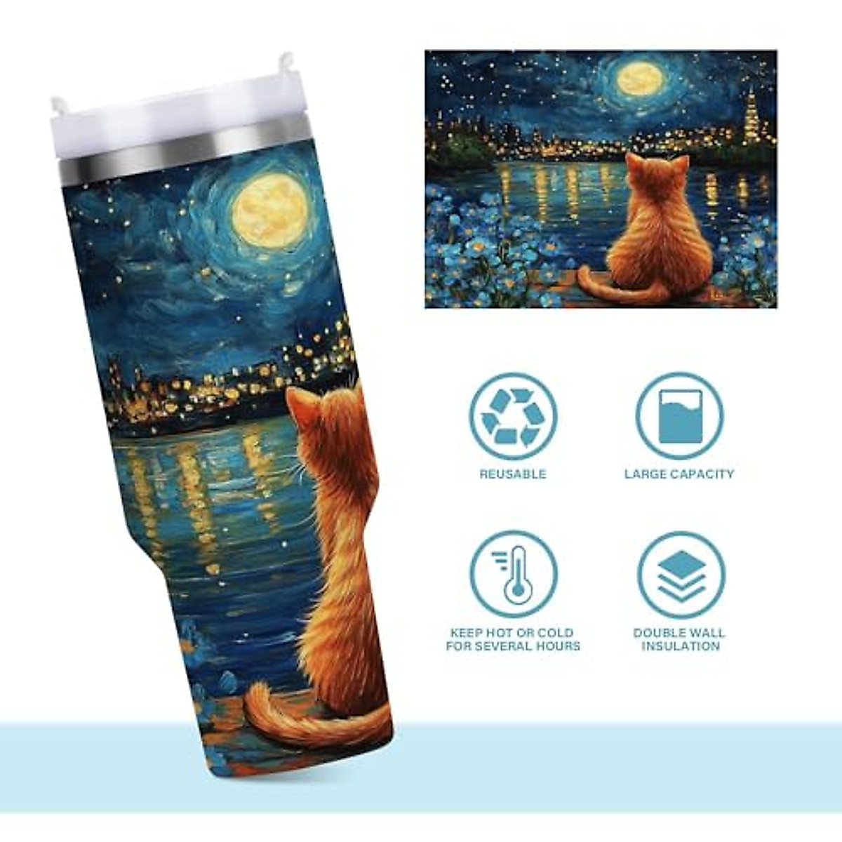 RPLIFE Cute Orange Cat Starry Night 40 Oz Tumbler with Handle, 30 Oz Tumbler, Coffee Tumbler for Women