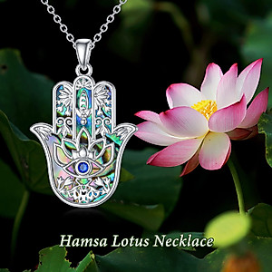 PROESS Hamsa Hand Evil Eye Necklace Sterling Silver Lotus Flower Pendant Hand of Fatima Jewelry For Women Men