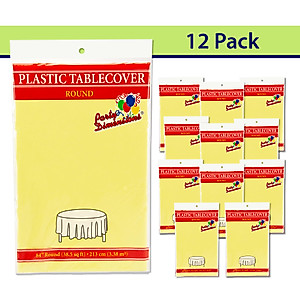 Yellow Disposable Plastic Tablecloth for Round Tables (12 Pack) 84 inches Table Cloths for Parties, Events & Weddings, Indoors & Outdoors, Plastic Table Cover