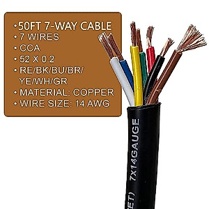 12vMax Electronics 14 Gauge 7 Way Conductor Extension RV Trailer Wire Cable Wiring Insulated 50 Feet 14/7