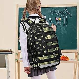 Vnurnrn Kids Backpack American Flag with Green Camo Print Big Storage Multi Pockets 17.7 IN School Backpack with Chest Buckle Reflective Strip for Boys Girls 6+ years in Primary Middle High School