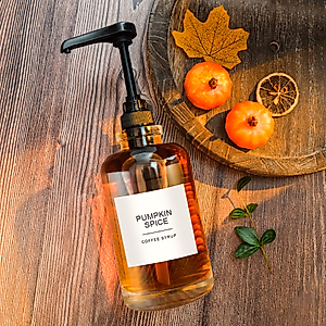 mustry Coffee Syrup Dispenser Bottle with Labels 1/4 oz Glass Syrup Pump Dispenser Bottle with 84 Labels, for Coffee Bar Accessories Essentials, 16.9 oz 500 ml, Set of 2, Black