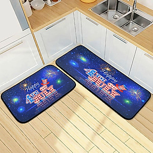 Independence Day July 4th Kitchen Rug Mats 2PCS Non Slip 47" x 20" + 28" x 20" Kitchen Carpet Floor Mat Hallway Rugs Anti Fatigue Doormat
