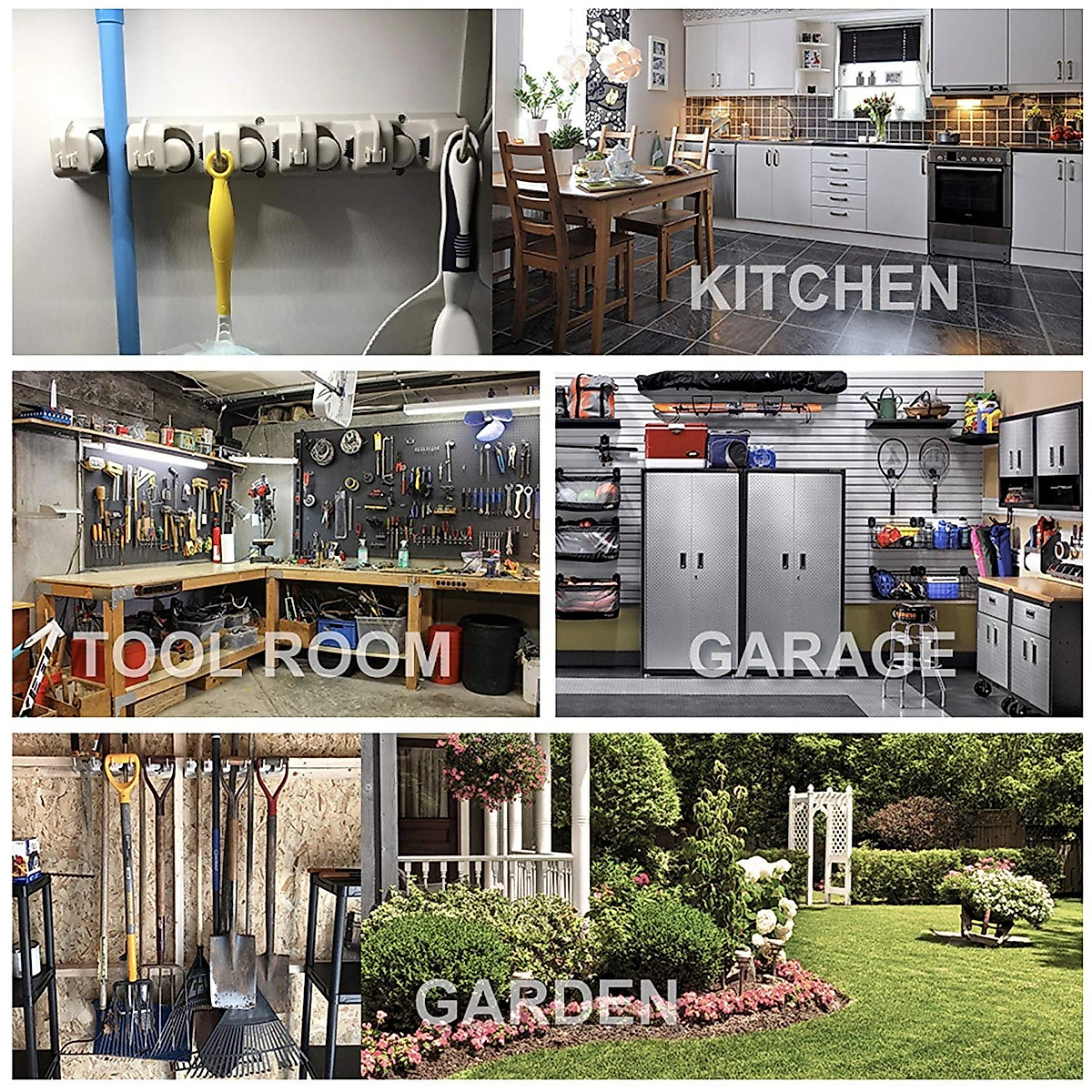 IMILLET 2 Pack Mop and Broom Holder, Wall Mounted Organizer Mop and Broom Storage Tool Rack with 5 Ball Slots and 6 Hooks (Black)