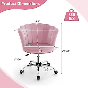Giantex Velvet Home Office Chair, Modern Cute Shell Back Upholstered Desk Chair with Wheels, Adjustable Swivel Task Chair, Comfy Vanity Chair for Girls Women Bedroom, Pink