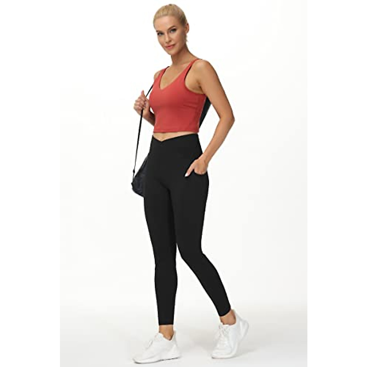 THE GYM PEOPLE Women's V Cross Waist Workout Leggings Tummy Control Running Yoga Pants with Pockets(Black, Medium)