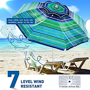 FEFLO Portable Beach Sand Umbrella Outdoor: 7ft Arc Length 6.5ft Diameter UV 50+ Large Heavy Duty Wind Proof Umbrella with Anchor and Adjustable Tilt Pole - 8 Ribs Lightweight Parasol with Carry Bag