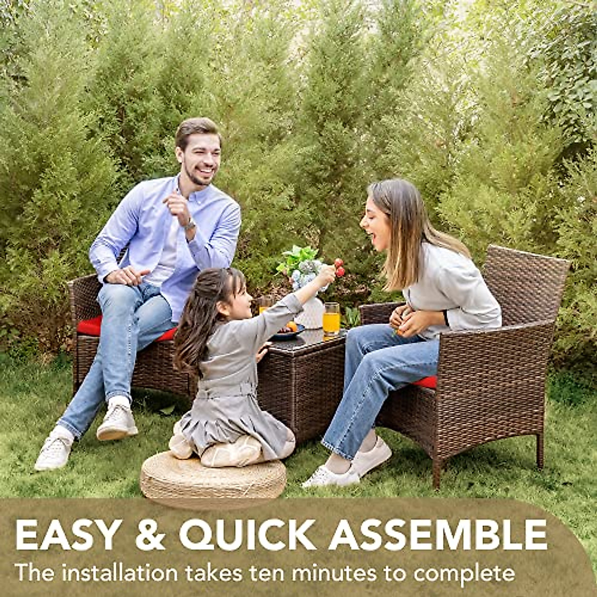 Devoko Patio Porch Furniture Sets 3 Pieces PE Rattan Wicker Chairs with Table Outdoor Garden Furniture Sets (Brown/Red)