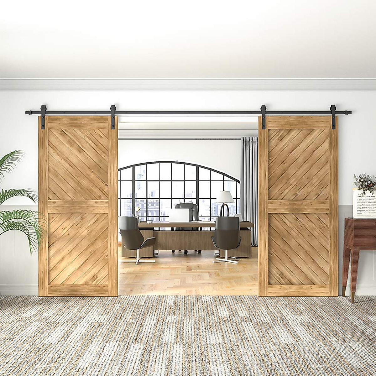 WINSOON 15FT Barn Door Hardware Kit: Double Sliding Door Hardware - Heavy Duty Black Barn Door Track Kit - Carbon Steel Sliding Barn Door Rail - J-Shape Easy to Install for 90" Closet Panel(No Door)