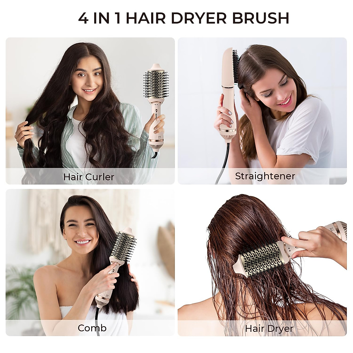 Syvio 4-in-1 Hair Dryer Brush, Detachable Oval & Flat Brush, Professional One-Step Hair Dryer & Volumizer for Straightening, Curling and Styling, Anti-frizz Hot Air Brush, Pink