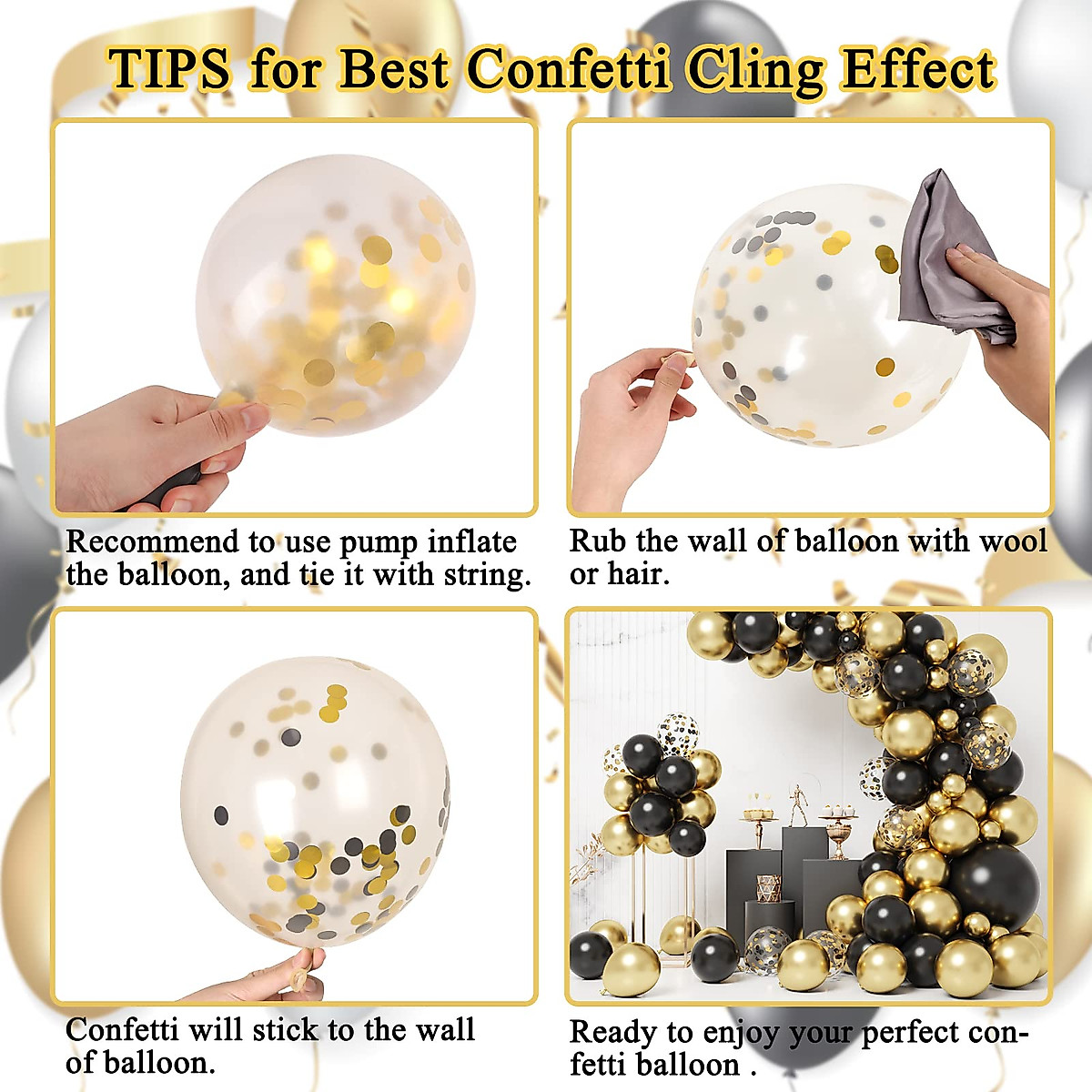 RUBFAC 101pcs Black and Gold Balloon Garland Arch Kit with Confetti Balloons for Graduation Birthday Party Decorations