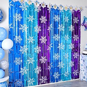 Bupelo Frozen Birthday Party Decorations, 2 Pack Frozen Birthday Party Supplies 3.3x6.6ft Tinsel Foil Fringe Curtains, Winter Photo Booth Prop Backdrop Streamer, Snowflake Birthday Party Decor