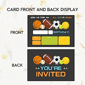 25 All Star Sport Birthday Party Invitations Cards with Envelopes, Basketball Baseball Football Party Invitations, Birthday Celebration Supplies, Double-sided Fill-in bday Invites for Boys Girls- A01