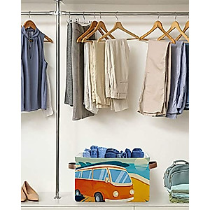 Summer Travel Storage Bin for Shelves with Leather Handles, 15 X 11 X 9.5 Inches Waterproof Storage Bins for Clothes Toy Blanket Books Organizers Storage Tropical Palm Trees and Seaside Bus