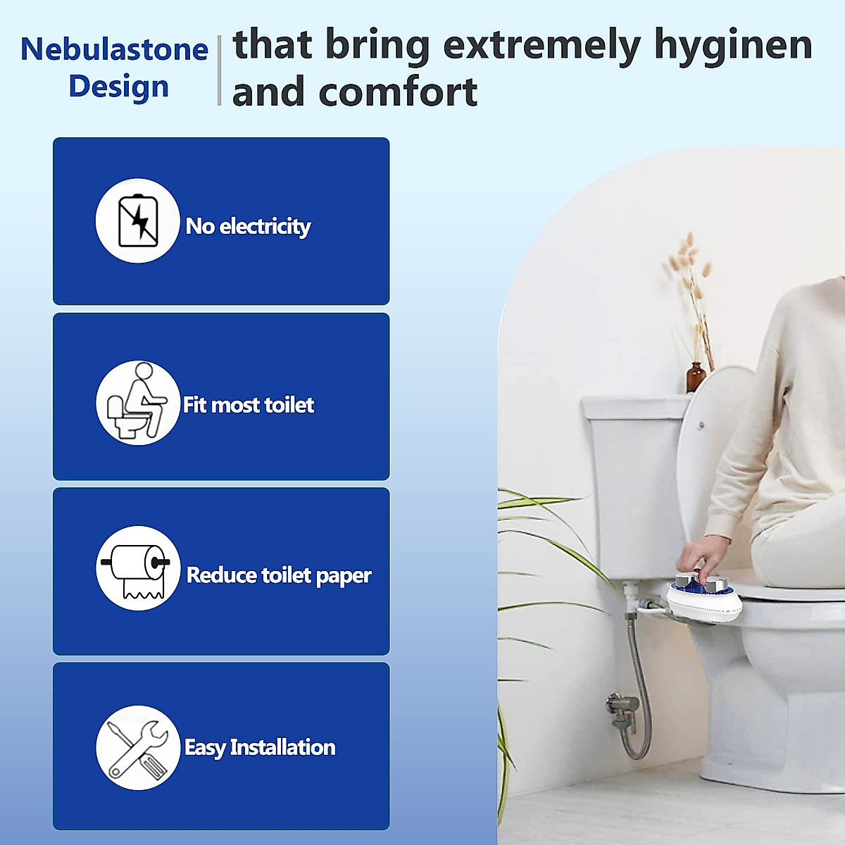 Bidet Attachment for Toilet,Nebulastone Ultra-Slim Bidet Sprayer,Retractable Self-Cleaning Dual Nozzles,Non-Electric Mechanical Bidet Toilet Seat Attachment with Adjustable Water, Blue White Mix