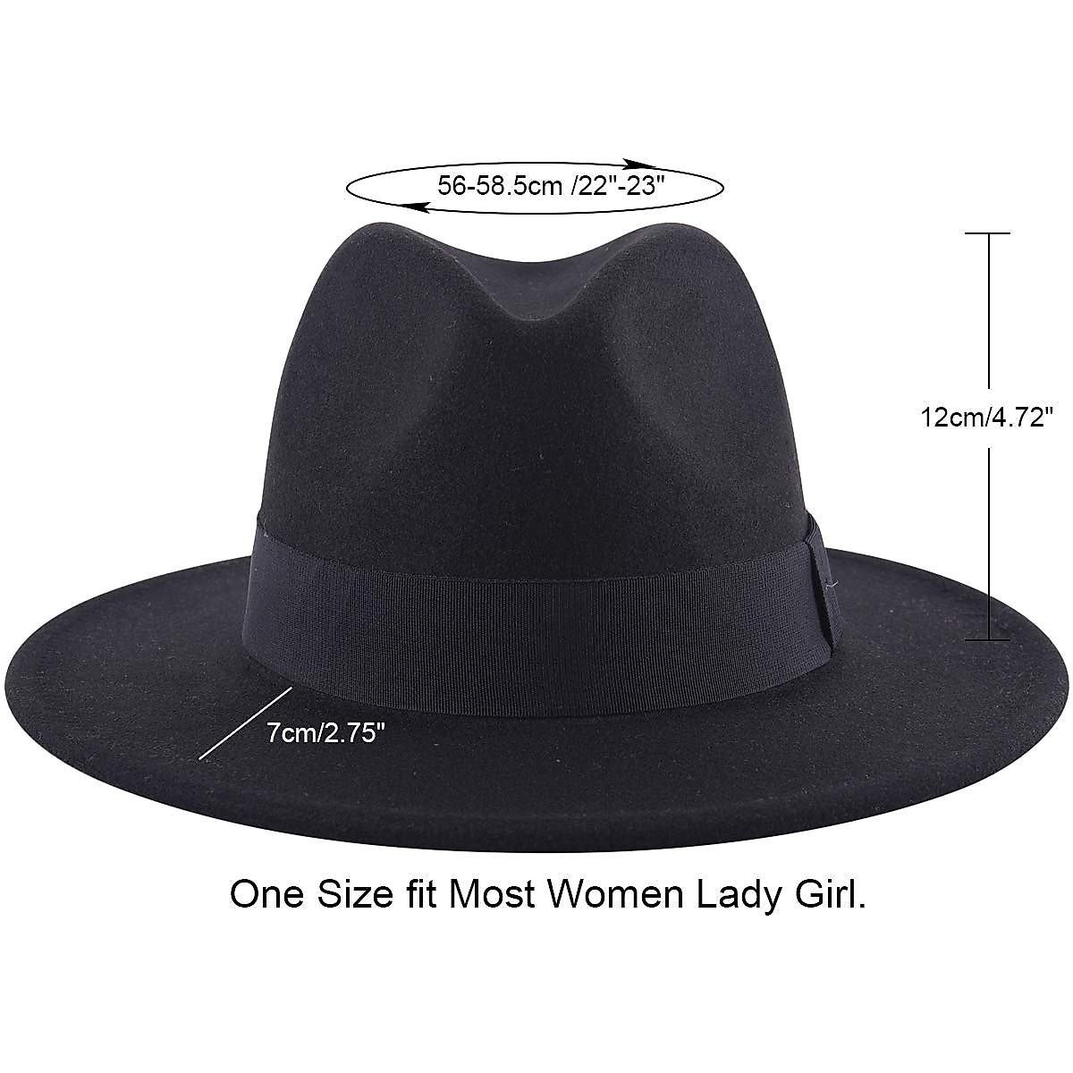 Lanzom Women Wide Brim Warm Wool Fedora Hat Retro Style Belt Panama Hat (Black, One Size)