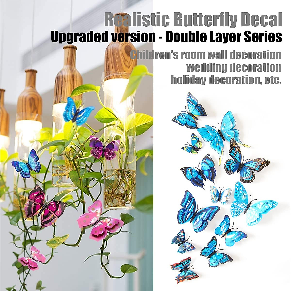 Tuxiaobu 24PCS Butterfly Wall Decal, Removable Refrigerator Magnets Mural Stickers, 3D Wall Stickers for Kids Home Room Art Decorations Wall, Double Wings - Blue