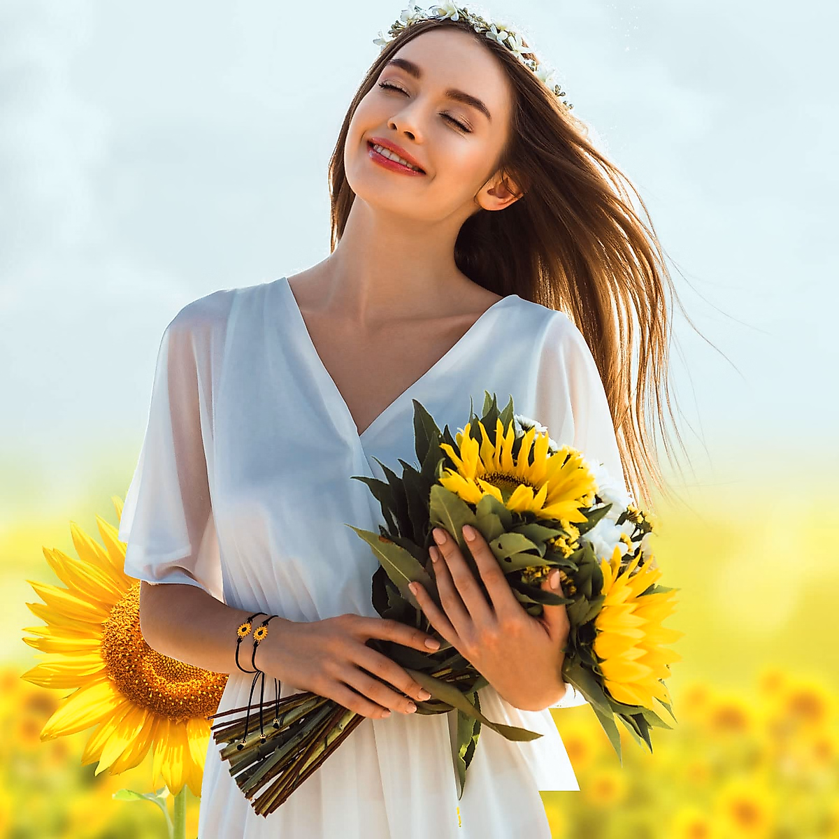 60 Pcs Sunflower Bracelet Anklet Pinky Promise Friendship Bracelet, Boho Adjustable Bracelets Friend Long Distance Friendship Gifts for Women Teen Girls