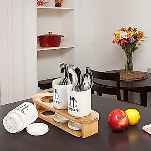 Fasmov Flatware Holder, 3 Pack Silverware Caddy with Bamboo Rack, Utensil Holder Ceramic Flatware Caddy White Ceramic Cutlery Organizer for Forks, Spoons, Knives