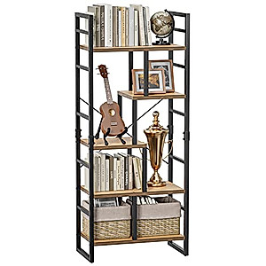 Pipishell 5-Tier Bookshelf, Tall Bookcase Storage Shelf Organizer with Steel Frame, Decorative Industrial Display Shelf, Multipurpose Storage Rack for Bedroom, Living Room, Office, Study, Hallway