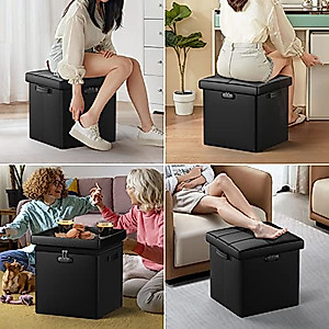 ENGPOW Storage Ottoman,Fireproof ＆ Waterproof Folding Ottoman Cube Storage Stool with Lock,Leather Square Ottoman Storage Chest Safe for Living Room, Bedroom, Home Office,Dorm,15"x15"x15",Black