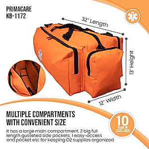 PrimaCare KB-1172 Oxygen O2 Gear Bag with Multiple Compartments Waterproof Bottom and Heavy-Duty Zipper, 32" x 12" x 13", Orange