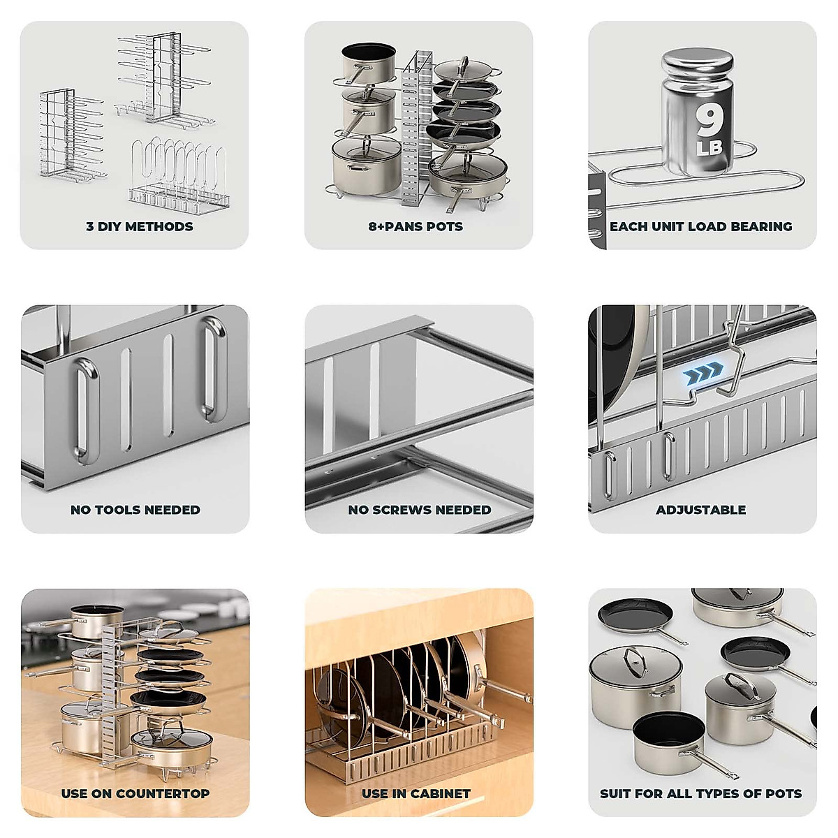 Vdomus Pot Rack Organizer with 3 DIY methods, Pot and Pan Lid Storage for Cabinet kitchen, 8+ Pots and Pan Holder Pot Racks, Adjustable Pot and Pan Rack Lid Holder (Silver)