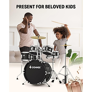 Kid Drum Sets-Donner 5-Piece for Beginners, 14 inch Full Size Complete Junior Drum Kit with Adjustable Throne, Cymbal, Hi-Hat, Pedal & Drumstick, Metallic Black