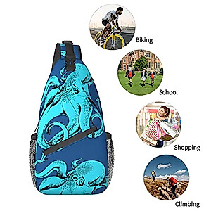loquehv Octopus Navy Blue Kraken Nautical Sling Backpack Chest Bag Waterproof Crossbody Shoulder Bag, Small Travel Hiking Daypack For Men Women Hiking Outdoor