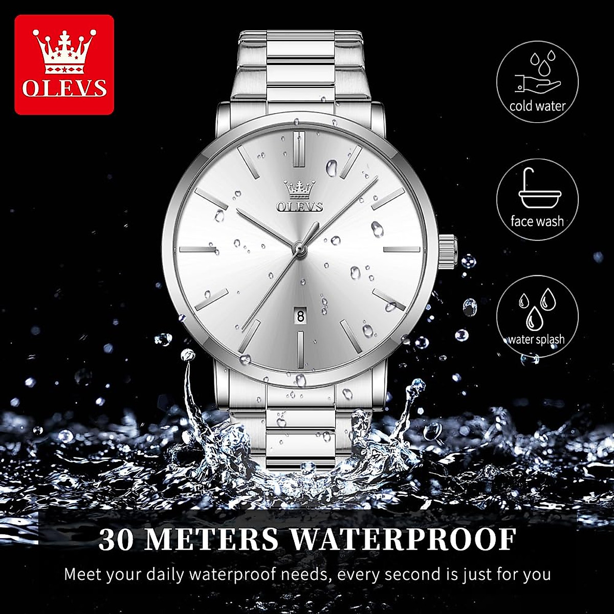 OLEVS Silver Watches for Men Dress Analog Quartz Waterproof Watch Stainless Steel Date Business Luxury Casual Wrist Watches White