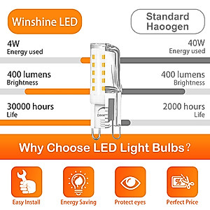 winshine Dimmable G9 LED Light Bulb 3000K Warm White, 4W G9 Base Chandelier Light Bulb Soft White, T4 40Watt Halogen Replacement G9 Bi Pin Base, CRI85 120V 360° Beam Angle 5 Pack