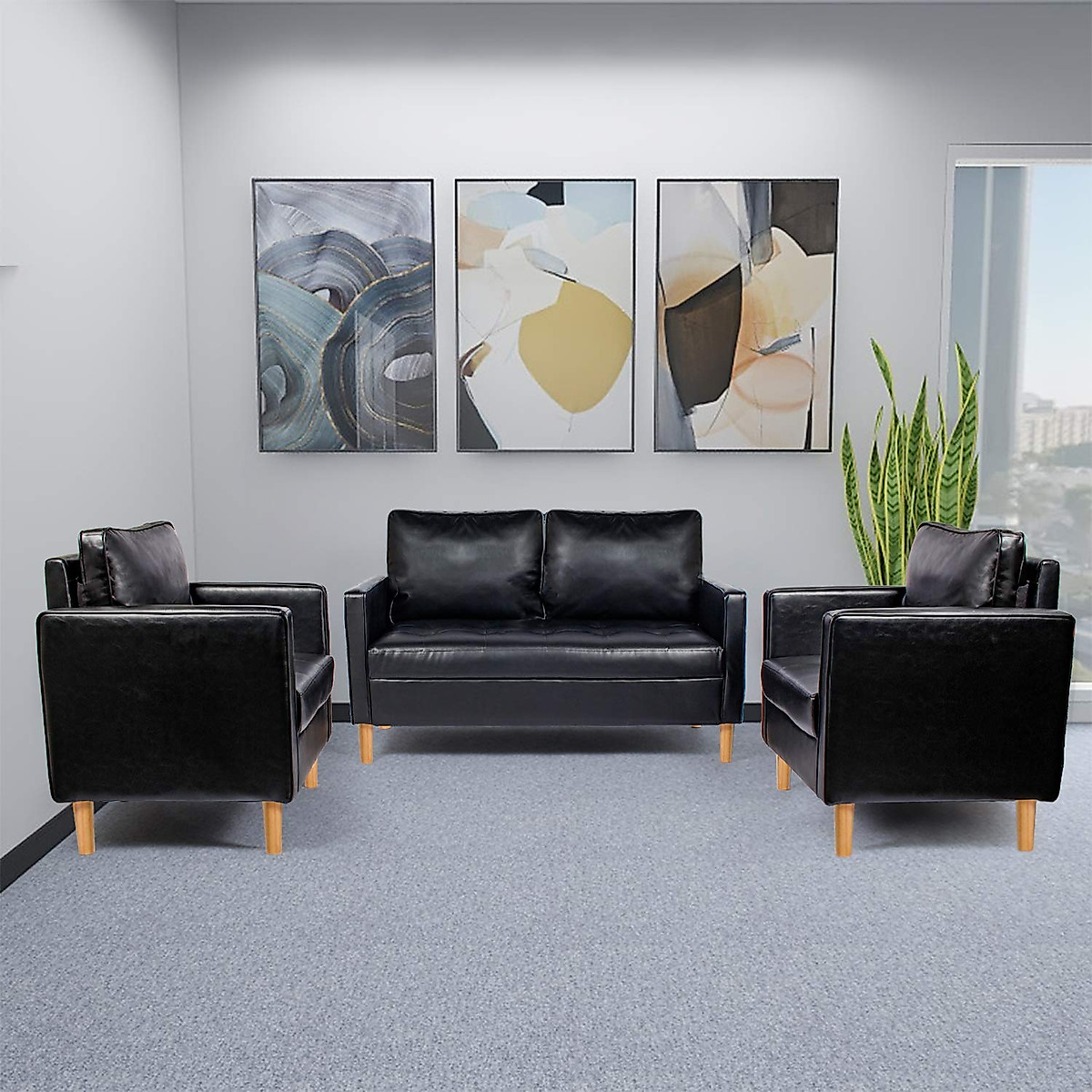 VAMEPOLE Black Leather Sectional Sofa Couch 3 Pieces, Loveseat and Accent Chair Stitching Tufted Cushion Suitable for Small Space, Office, Meeting Room, Living Room Furniture Sets