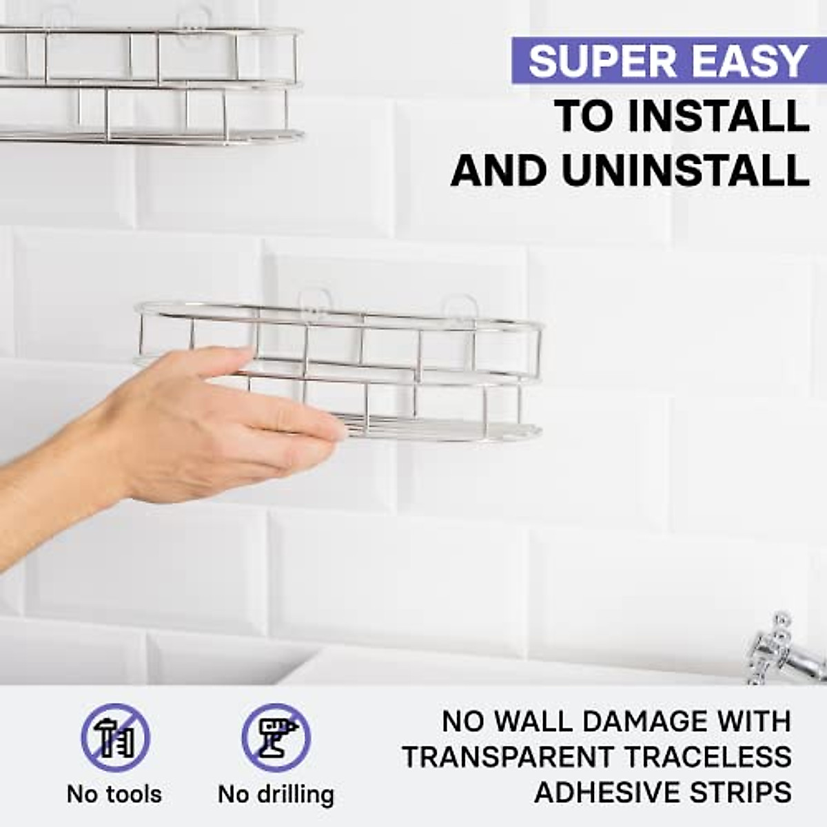 KINCMAX Shower Caddy, Rustproof SUS304 Stainless Steel, Adhesive Wall Mount Double Deep Round Baskets 2-pack with Hooks (Polished Silver)