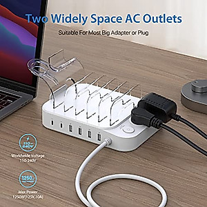 SooPii 70W 6 Port USB Charging Station for Multiple Devices With 2 AC Outlets,4 USB-A Ports and 2 USB C PD Ports,6pcs Mixed Charging Cables Included,Compatible for Tablets,Phones and Other Electronics