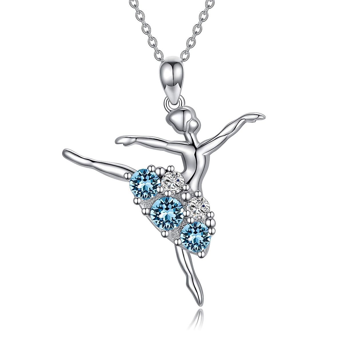AOBOCO Ballerina Necklace Sterling Silver Ballet Dancer Pendant Jewelry with Simulated Aquamarine Crystals