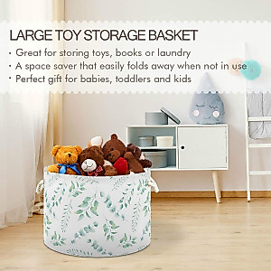 ALAZA Large Storage Basket for Toys Eucalyptus Leaf Green Tropical Plant Round Blanket Basket Laundry Hamper Canvas Organizer Bin Box Cotton Rope Collapsible Bucket Pillow Home Decor