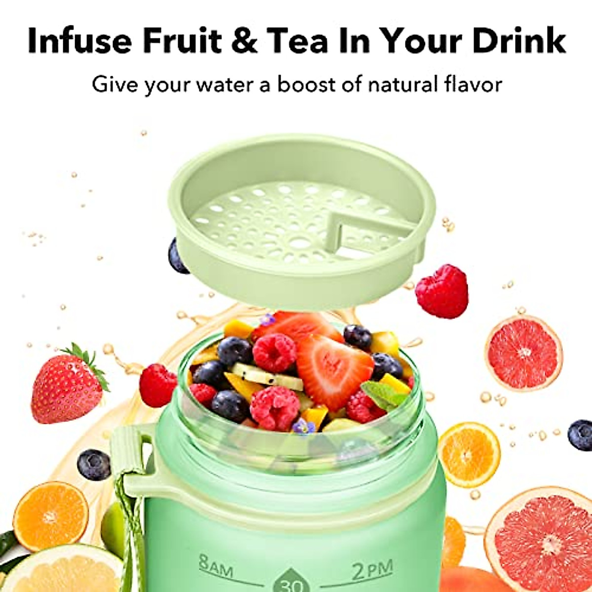 Alwager 32oz Motivational Water Bottles with Time Marker & Fruit Strainer, Single Color Water Bottle with Times to Drink, Leakproof & BPA Free, Reusable Plastic Bottle with Strap (No Straw)