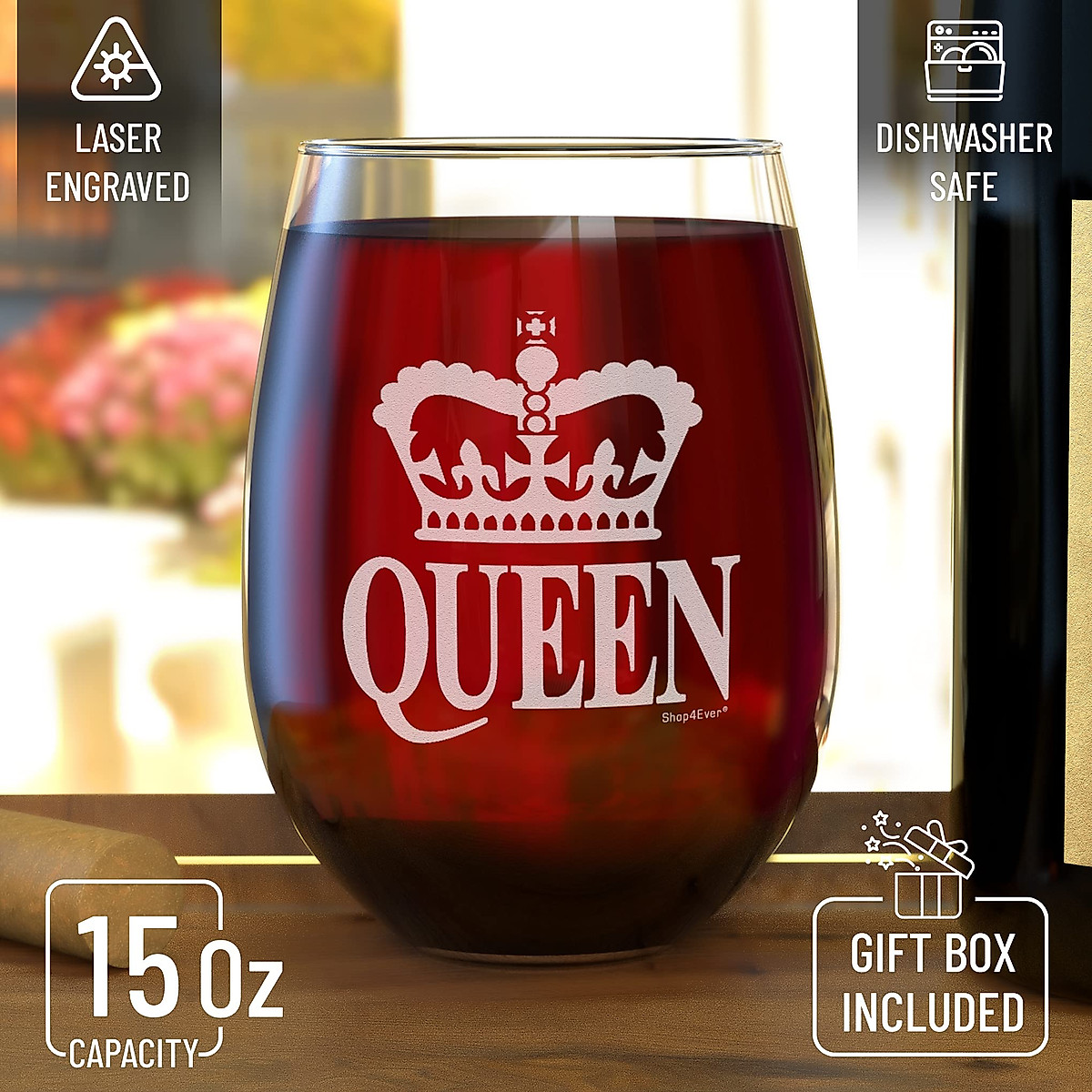 shop4ever Crown Queen Laser Engraved Stemless Wine Glass