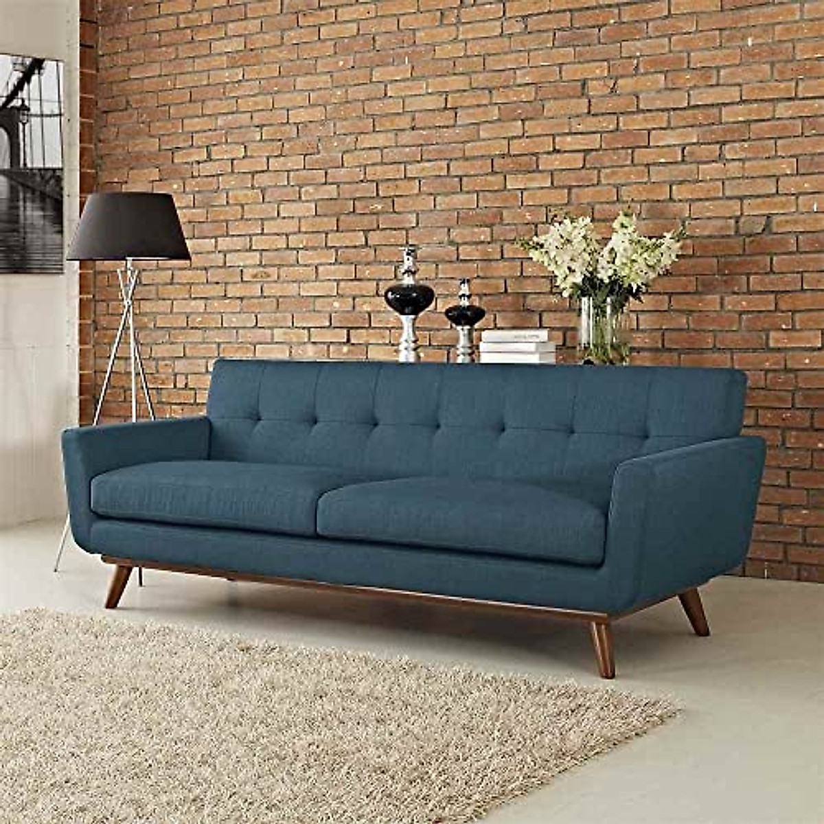 Modway Engage Mid-Century Modern Upholstered Fabric Sofa in Azure